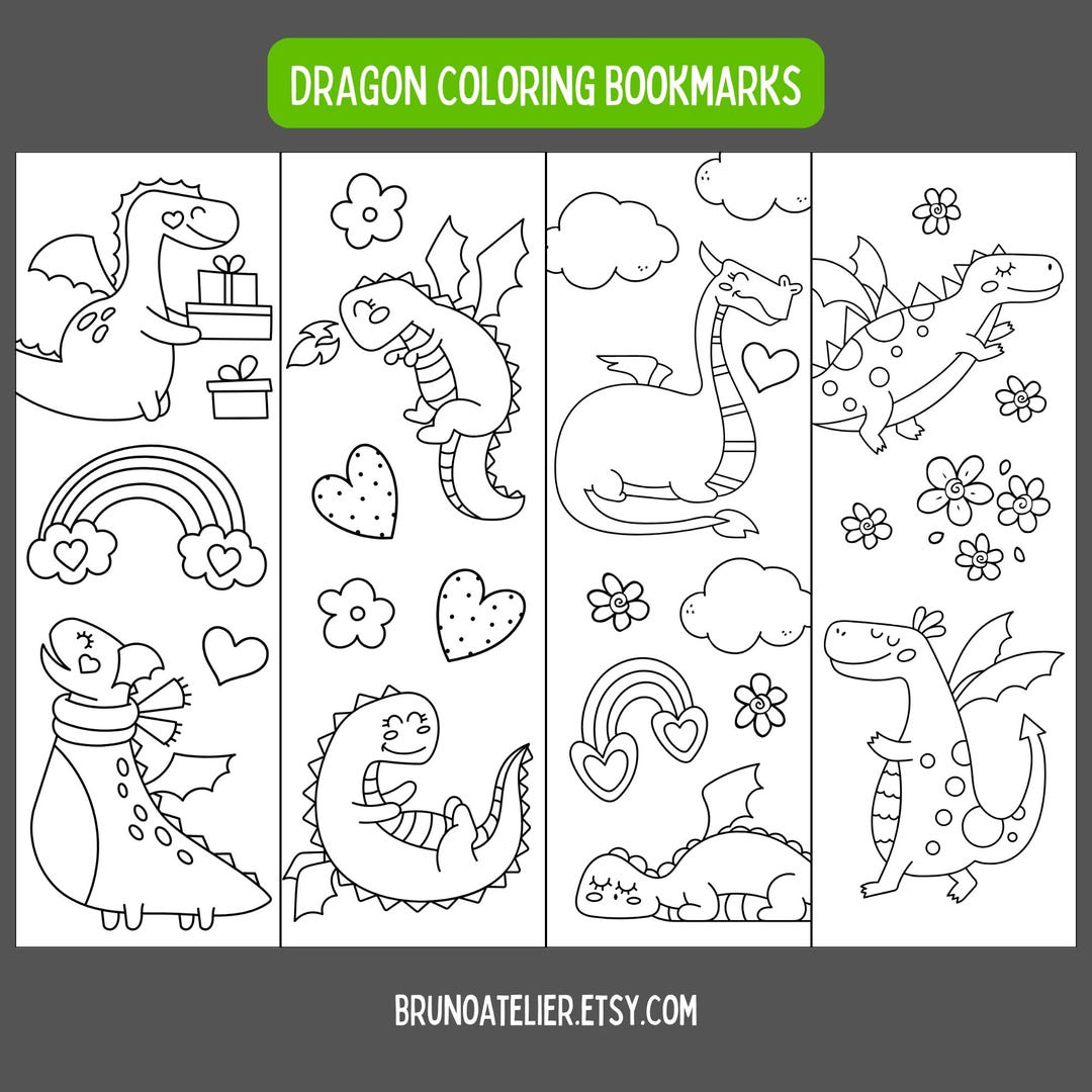 Dragon Coloring Bookmarks for Kids, Dragon Bookmarks, Printable ...