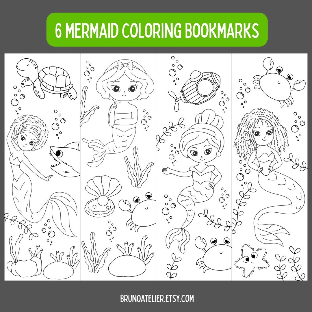 Mermaid Coloring Bookmarks for Kids, Sea Animal Coloring Bookmarks ...