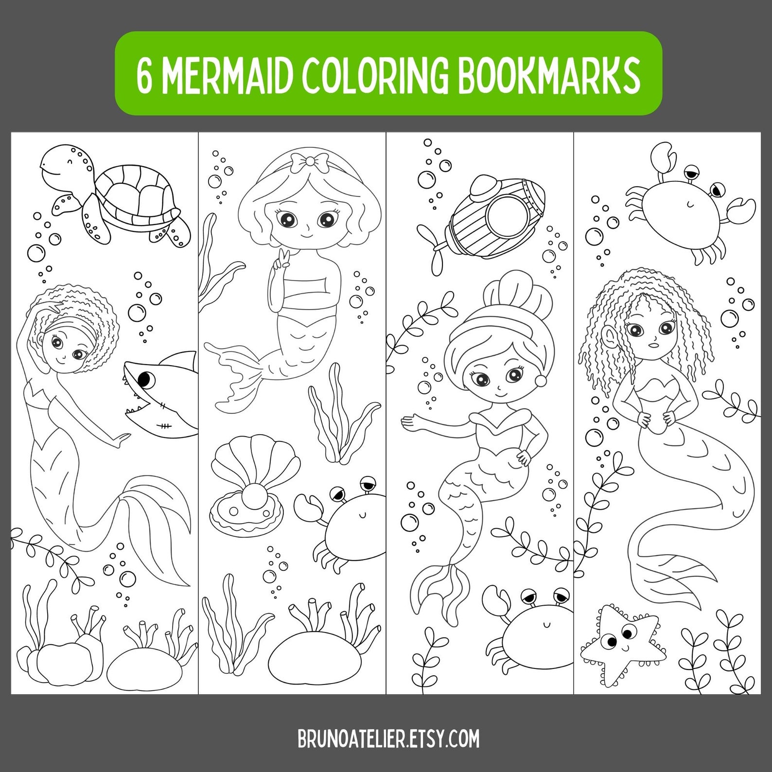 Mermaid Coloring Bookmarks for Kids, Sea Animal Coloring Bookmarks ...