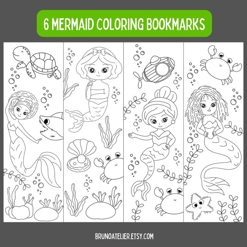 Mermaid Coloring Bookmarks for Kids, Sea Animal Coloring Bookmarks ...