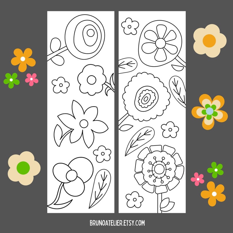 Printable Flower Coloring Bookmarks, Flower Bookmark Set, Bookmarks to ...