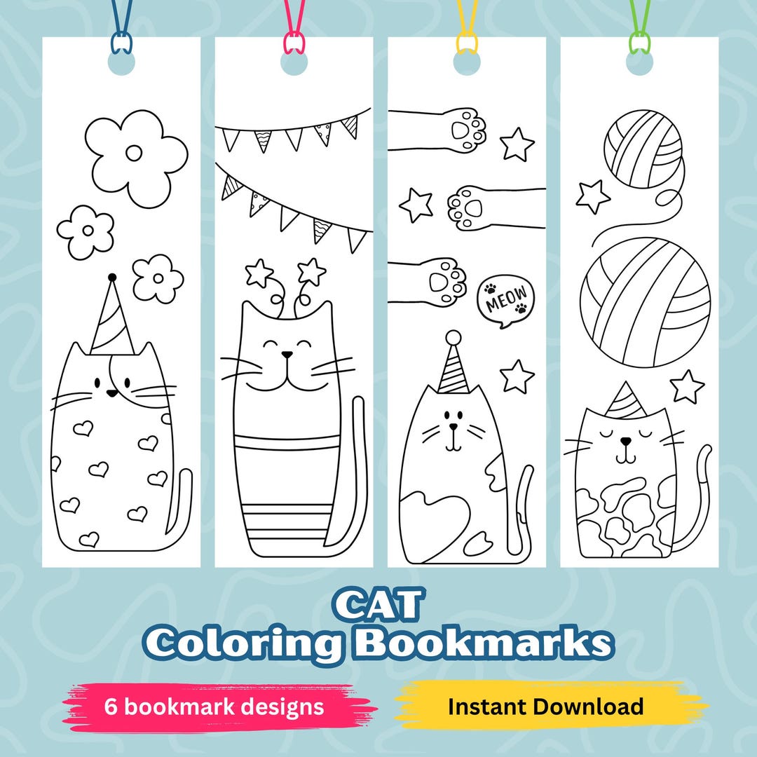 Cute Cat Coloring Bookmarks for Kids, Animal Coloring Bookmarks, Cute ...
