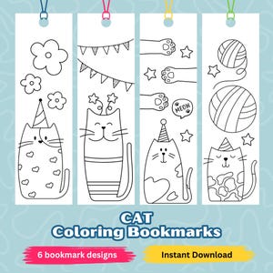 Cute Cat Coloring Bookmarks for Kids, Animal Coloring Bookmarks, Cute ...