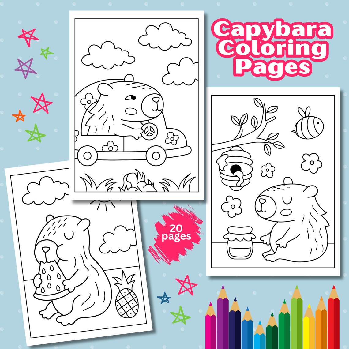 Cute Capybara Coloring Pages for Kids, 20 Printable Sheets (PDF) - Etsy