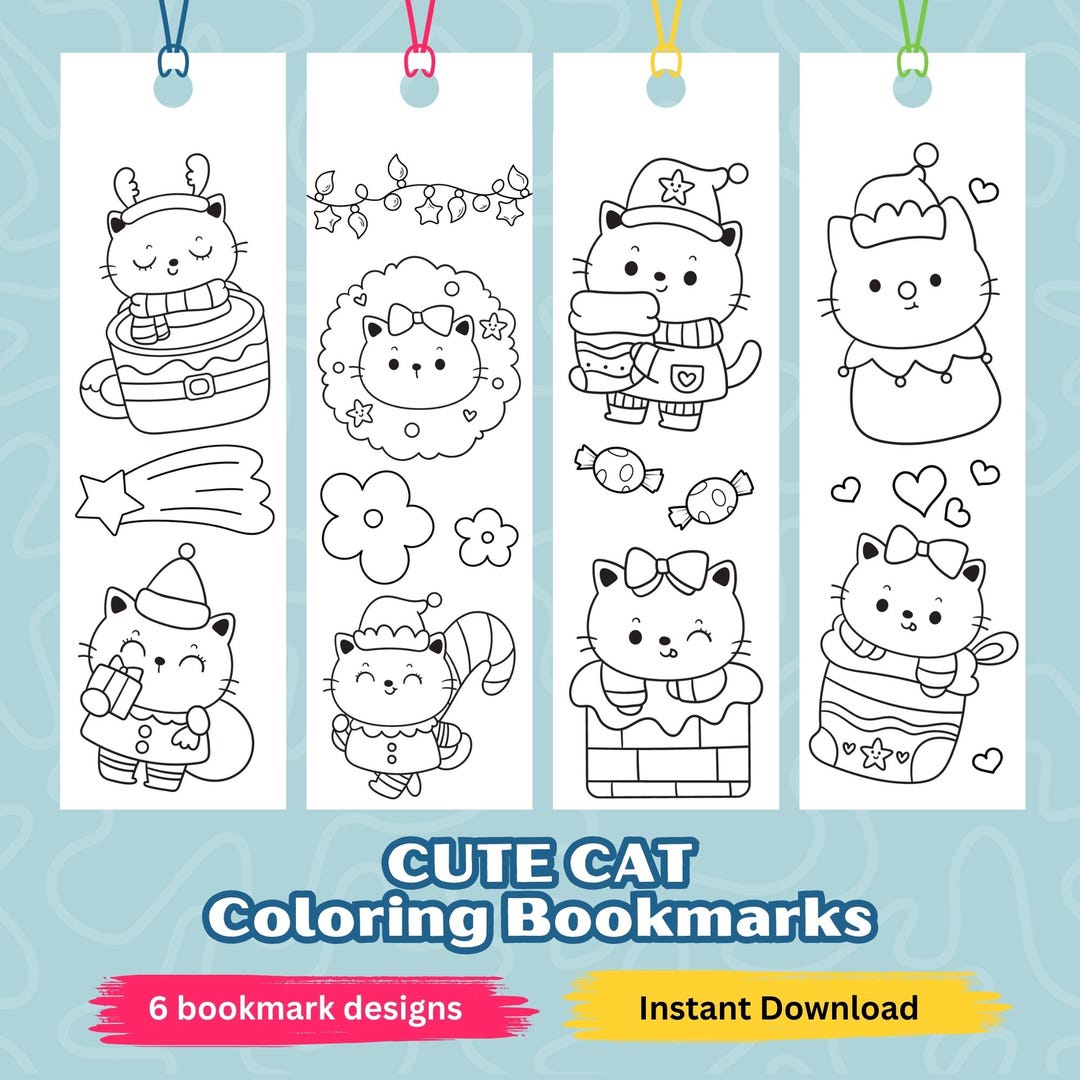 Cute Cat Coloring Bookmarks for Kids, Animal Coloring Bookmarks ...