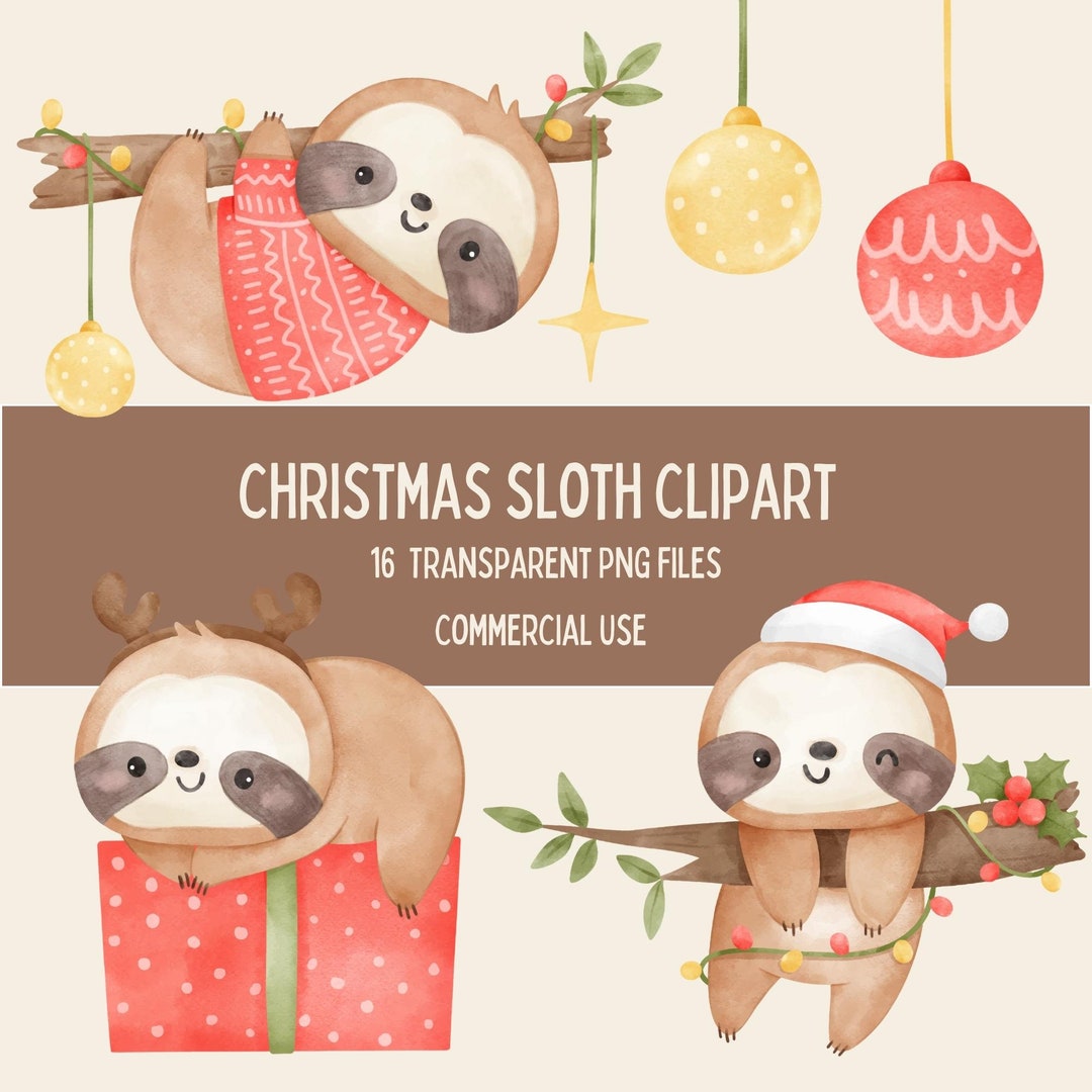 Christmas Sloth Clipart, Cute Sloth Clipart, Watercolor Sloth Clipart ...