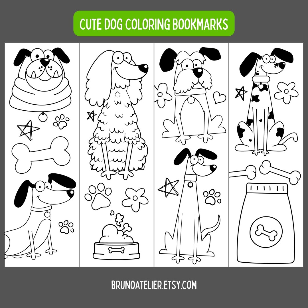 Cute Dog Coloring Bookmarks for Kids, Cute Dog Bookmarks, Printable ...