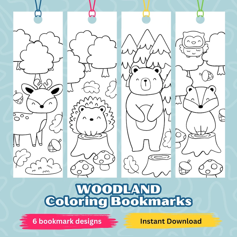 Forest Bookmarks, Woodland Coloring Bookmarks for Kids, Cute Animal ...