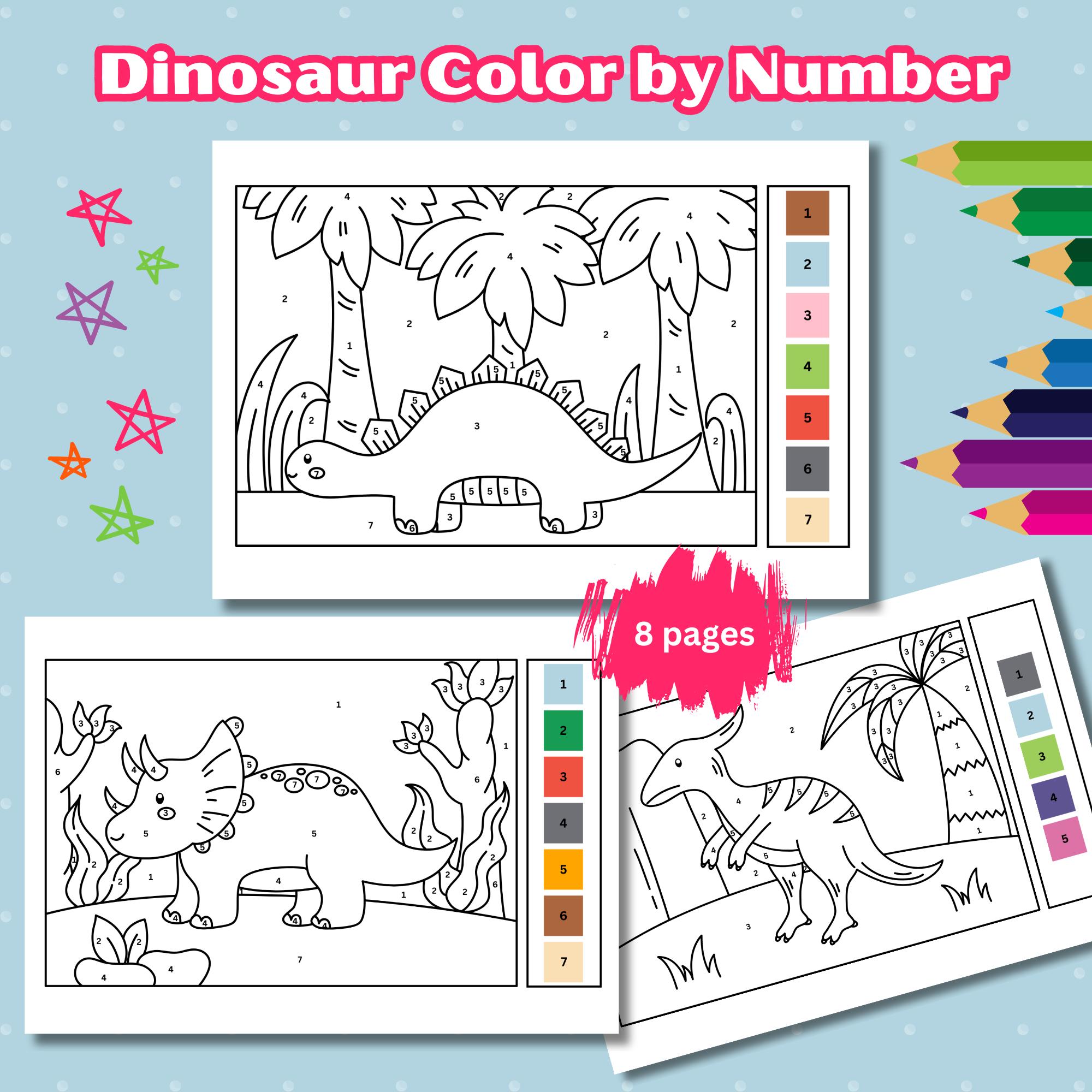 Cute Dinosaur Color by Number Pages, Dinosaur Coloring Pages for Kids ...