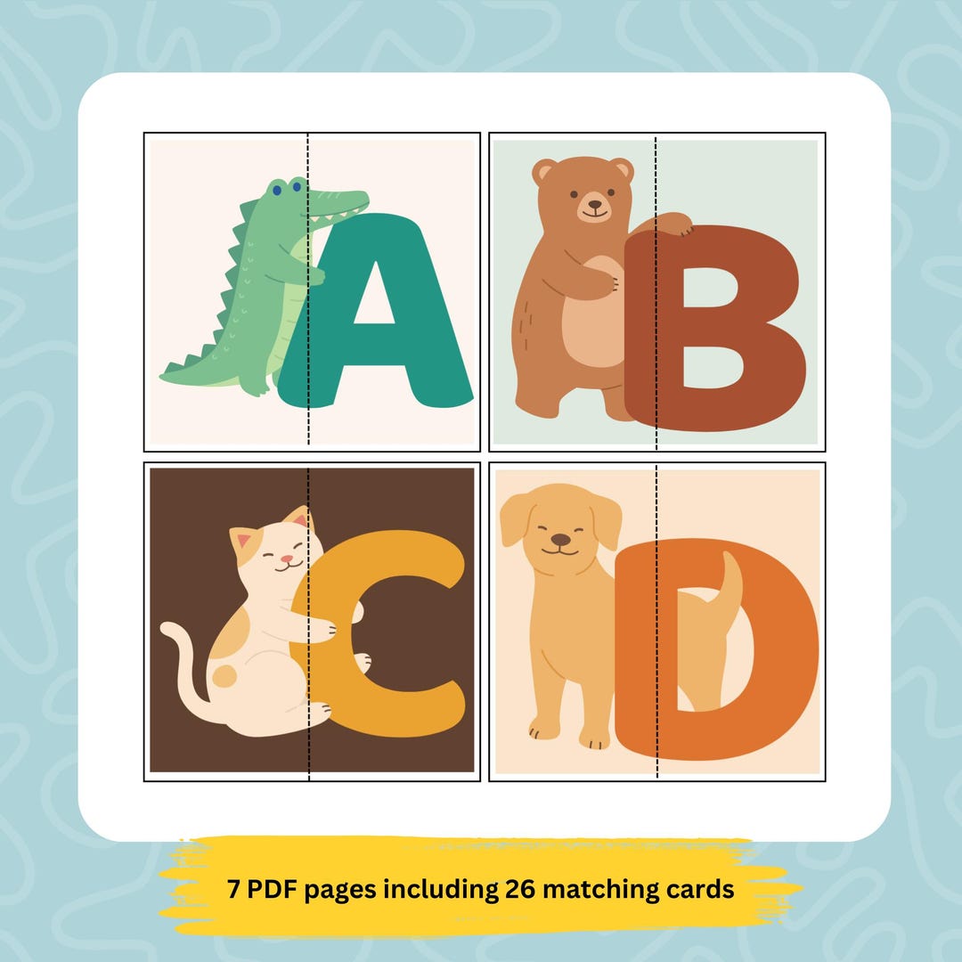 Printable Alphabet Matching Games Worksheets for Kids, Alphabet Animal ...