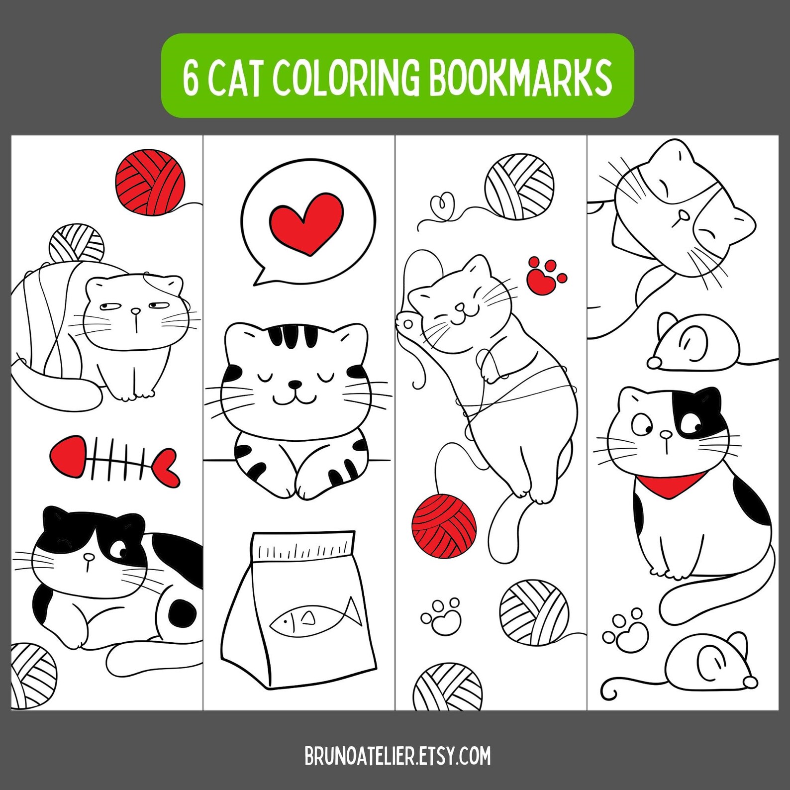 Cute Cat Coloring Bookmarks for Kids, Animal Coloring Bookmarks, Cute ...