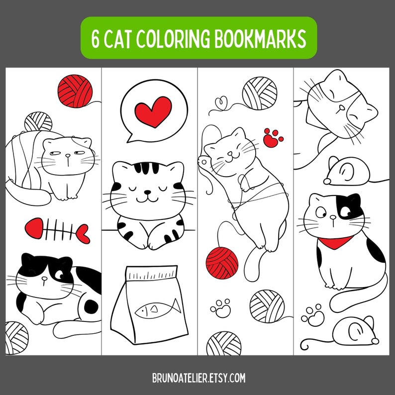 Cute Cat Coloring Bookmarks for Kids, Animal Coloring Bookmarks, Cute ...