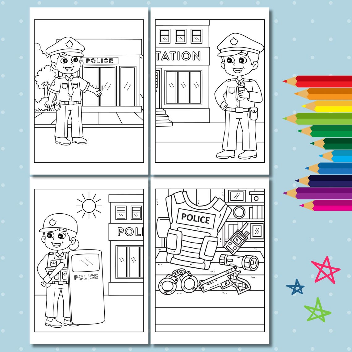 Police Coloring Book: 20 Kids Activity Pages (PNG) - Etsy