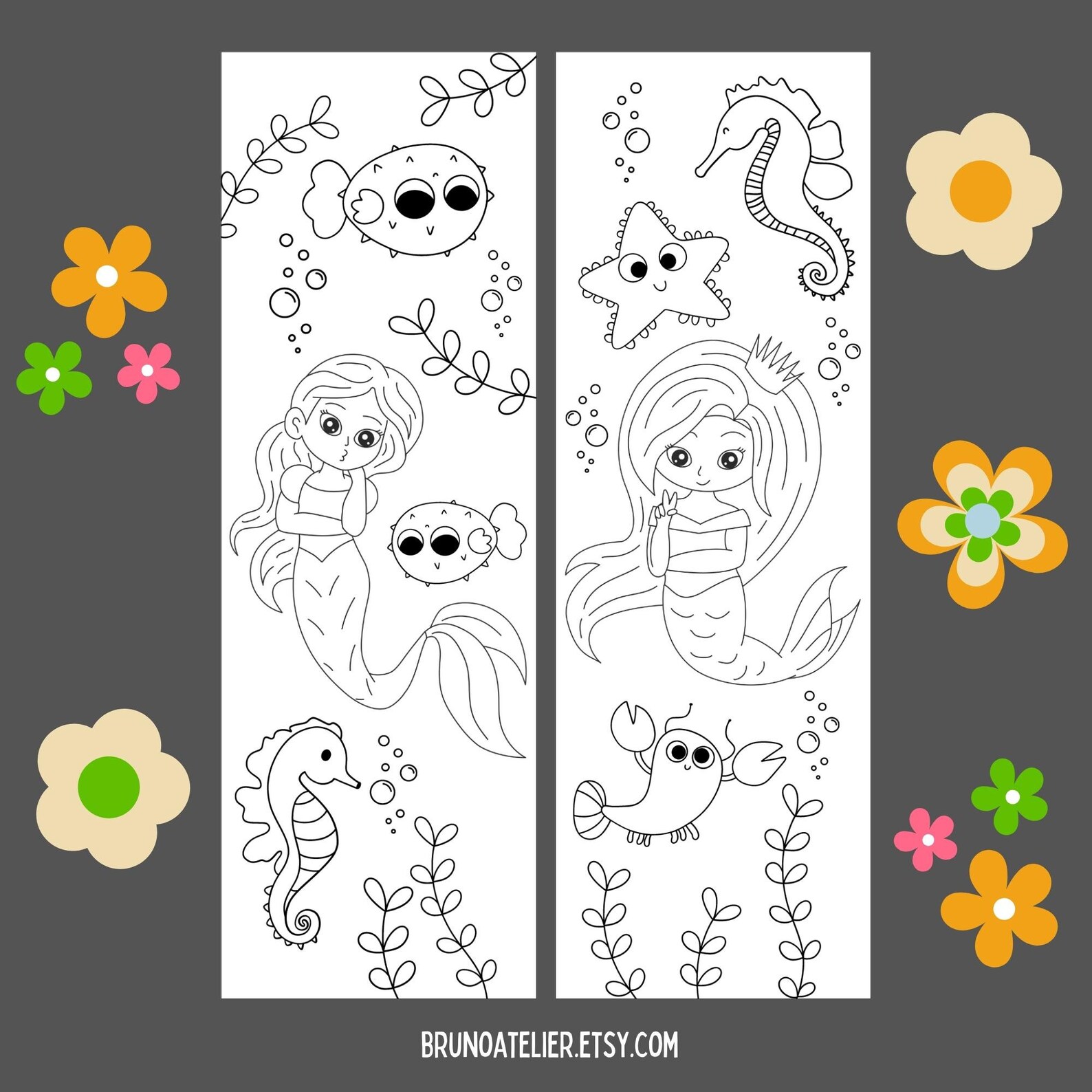 Mermaid Coloring Bookmarks for Kids, Sea Animal Coloring Bookmarks ...