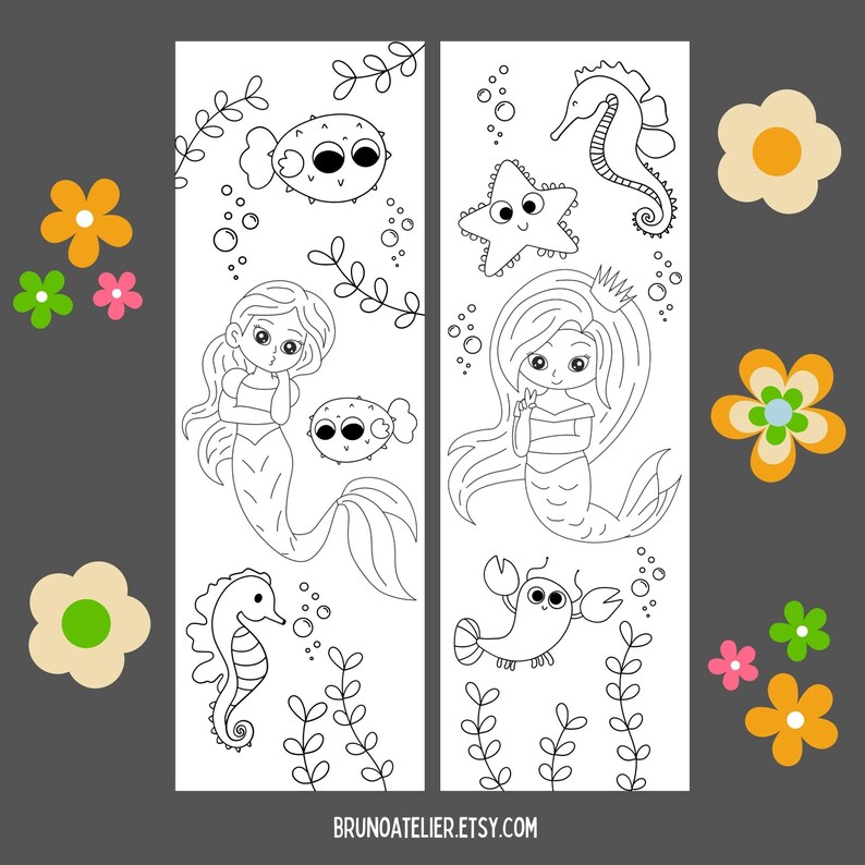 Mermaid Coloring Bookmarks for Kids, Sea Animal Coloring Bookmarks ...