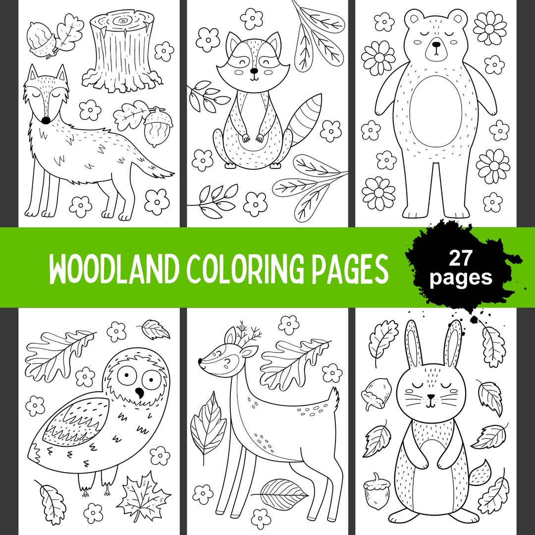 Woodland Coloring Pages for Kids, Woodland Animals Coloring Book, Wild ...