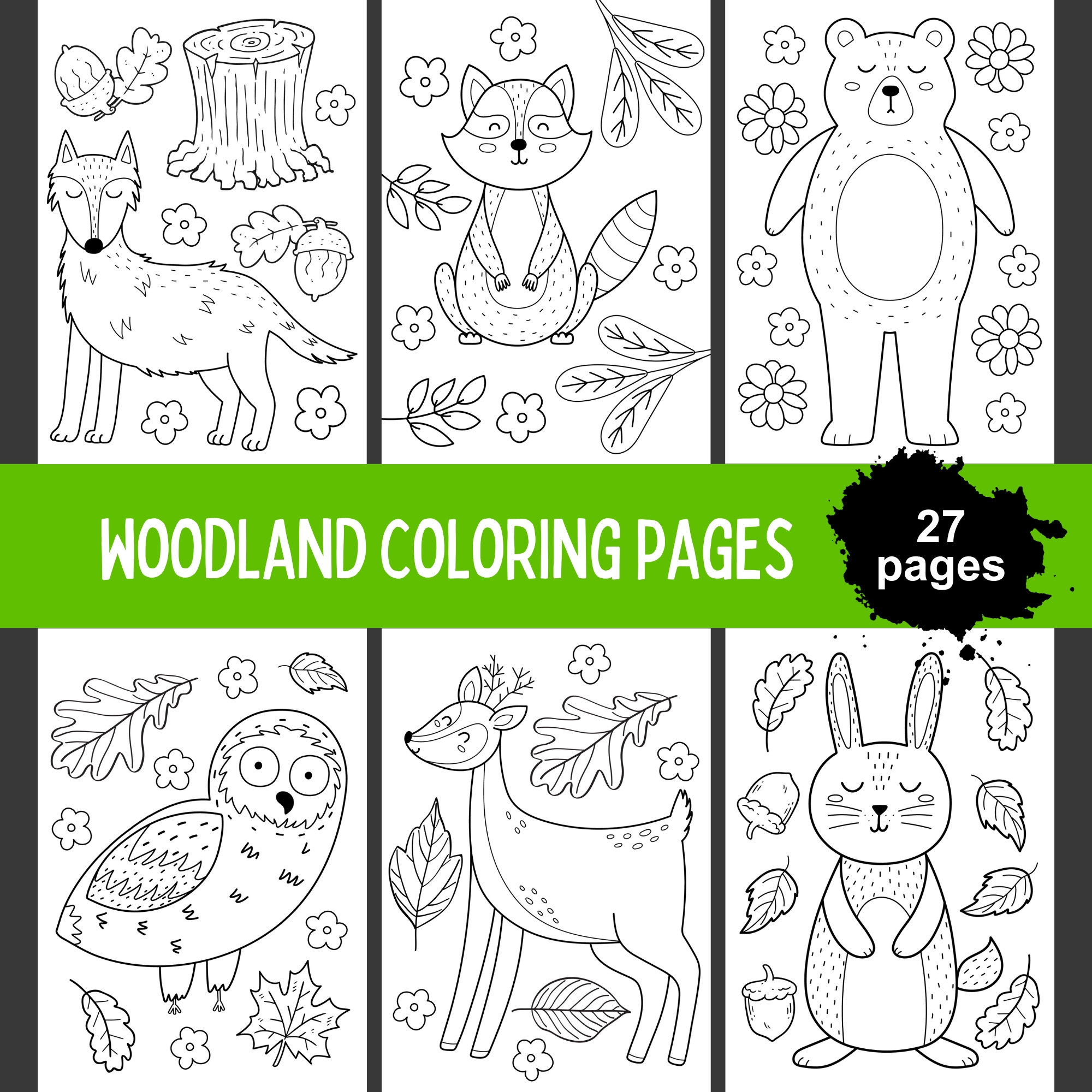 Woodland Coloring Pages for Kids, Woodland Animals Coloring Book, Wild ...