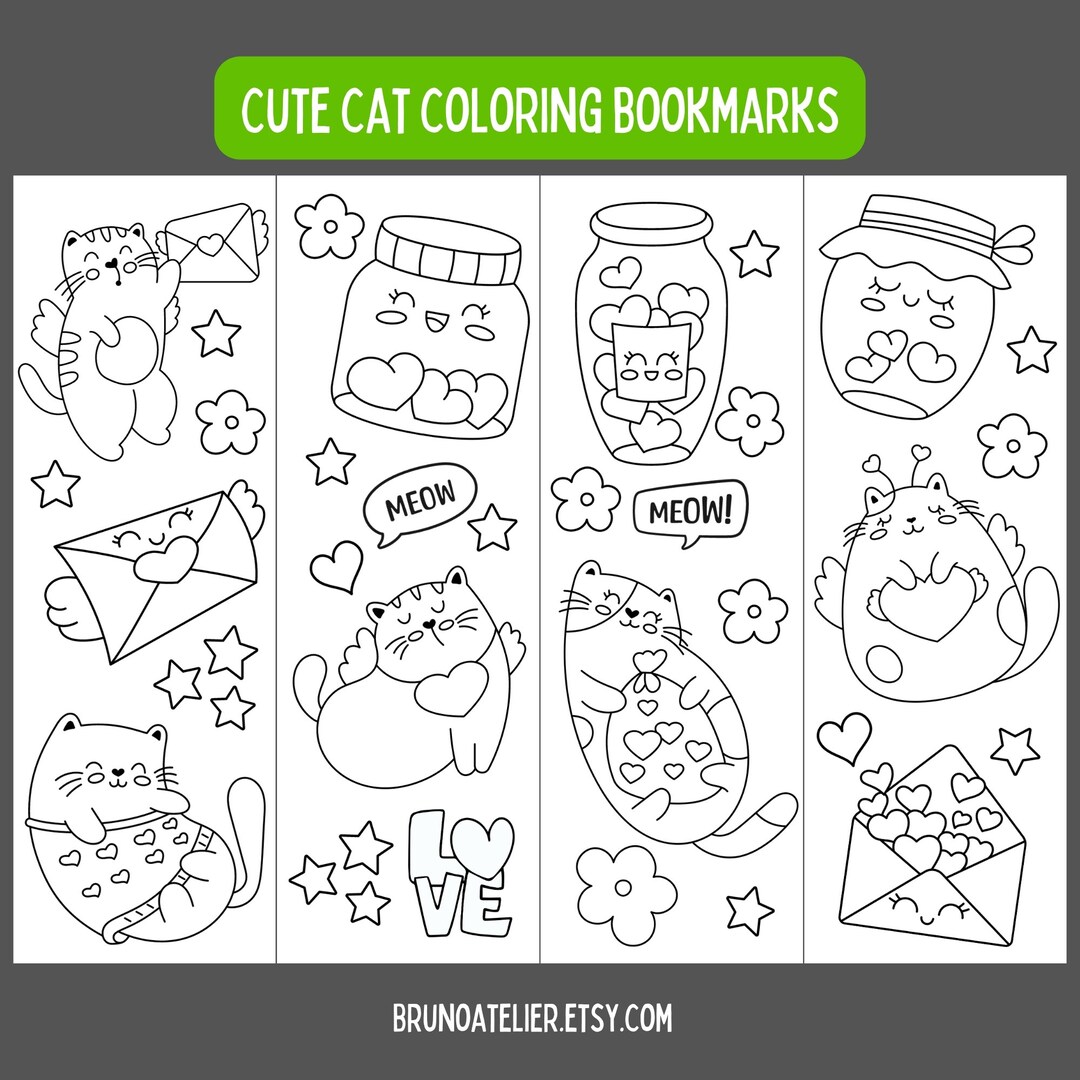 Cute Cat Coloring Bookmarks for Kids, Animal Coloring Bookmarks, Cute ...