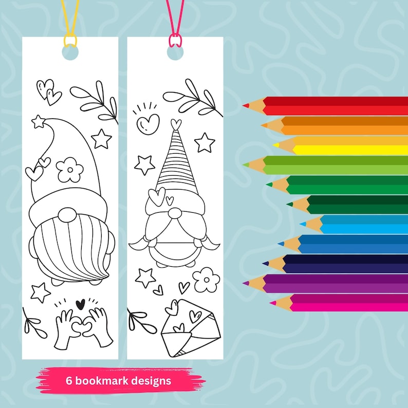 Valentine Day Coloring Bookmarks for Kids, Cute Gnome Bookmarks ...
