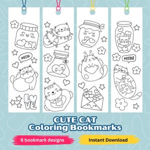 Cute Cat Coloring Bookmarks for Kids, Animal Coloring Bookmarks, Cute ...