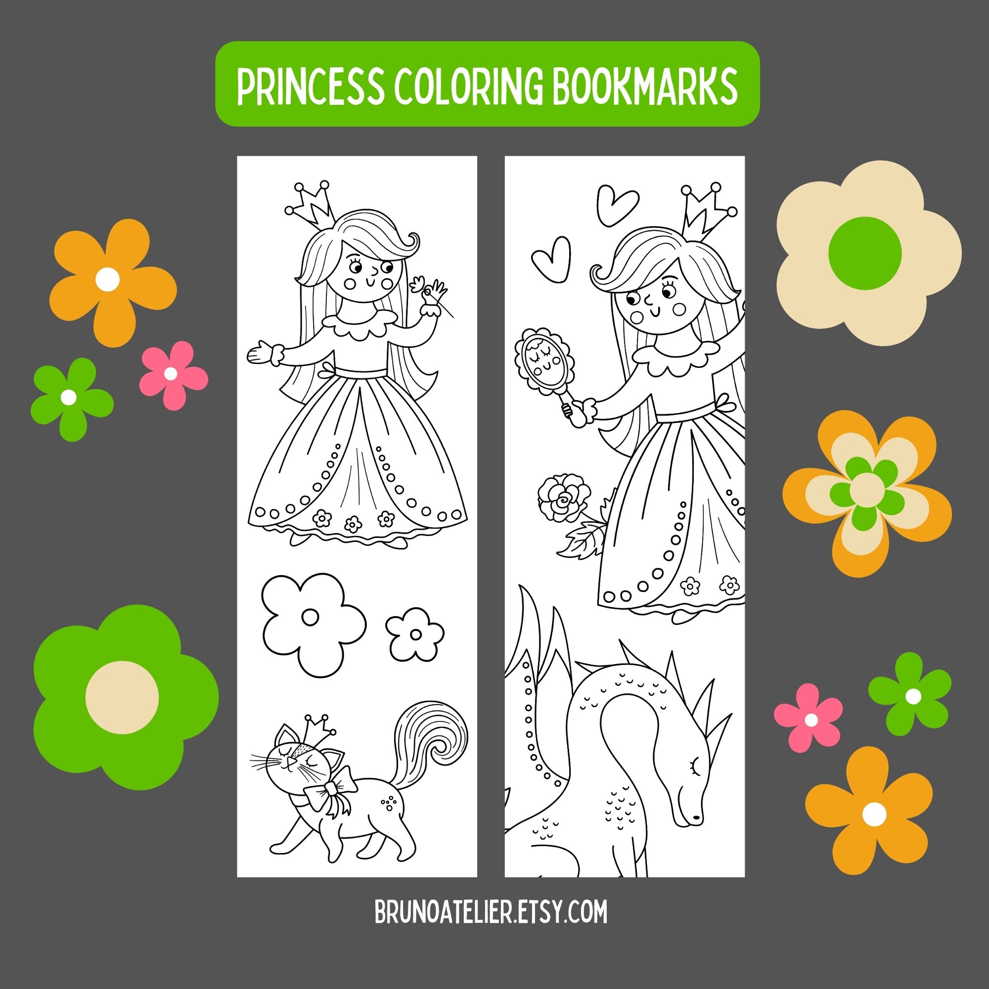Princess Coloring Bookmarks for Kids, Dragon Bookmarks, Printable ...