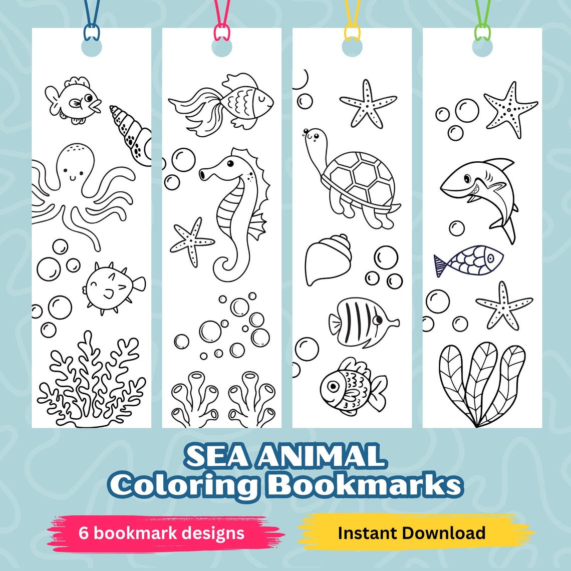 Ocean Themed Bookmarks for Kids, Animal Coloring Bookmarks, Printable ...