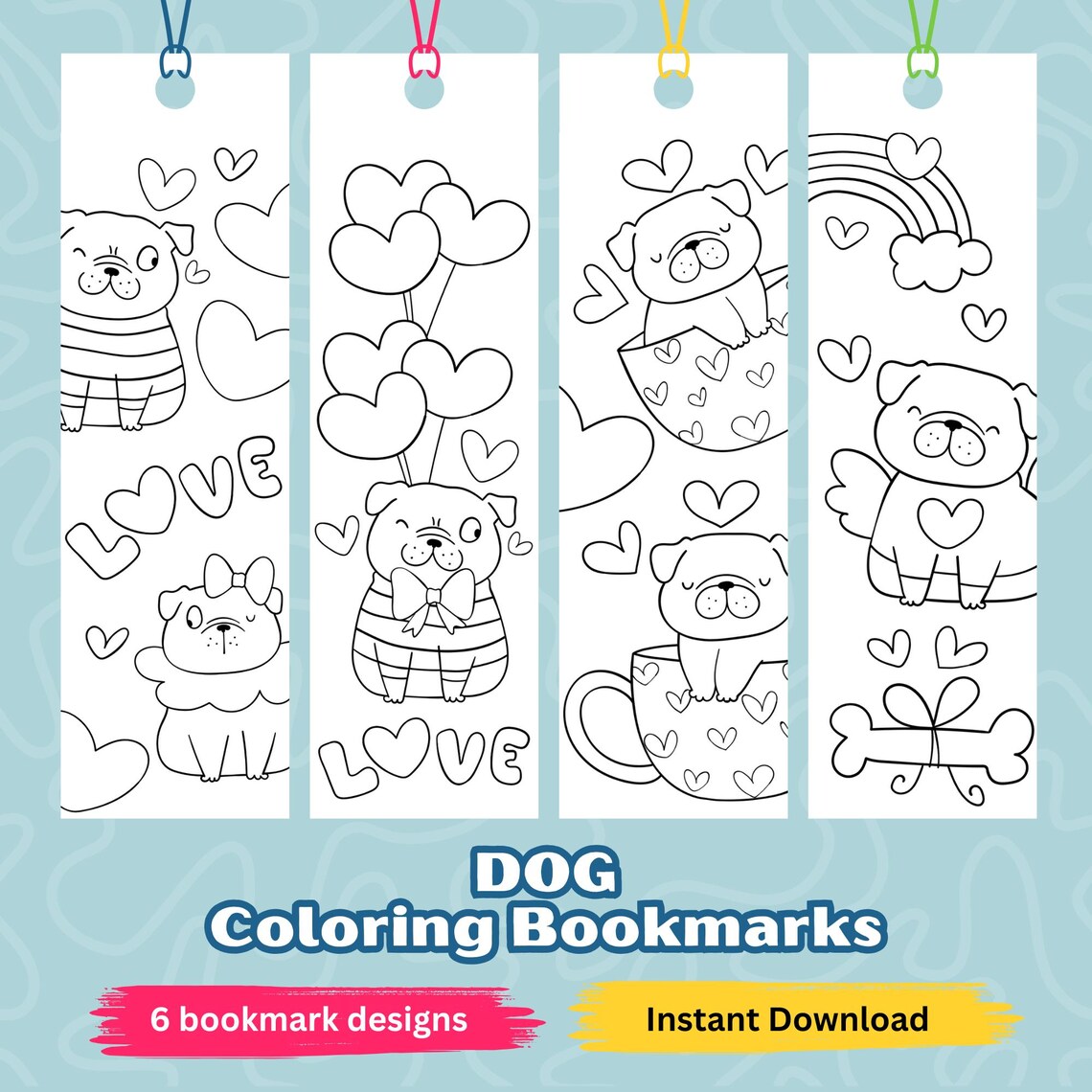 Valentines Day Bookmarks, Cute Dog Coloring Bookmarks for Kids, Cute ...
