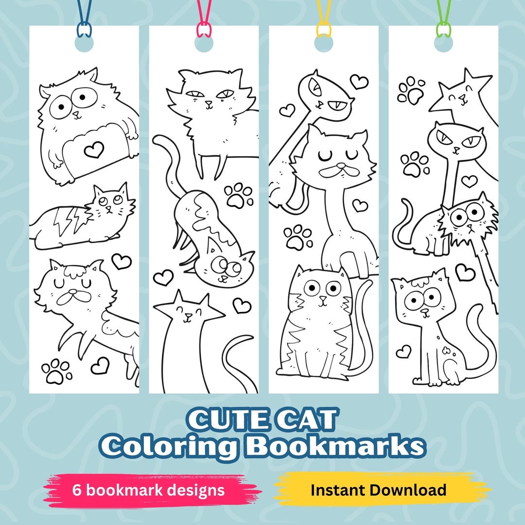 Cute Cat Coloring Bookmarks for Kids, Printable Animal Bookmarks (PDF ...