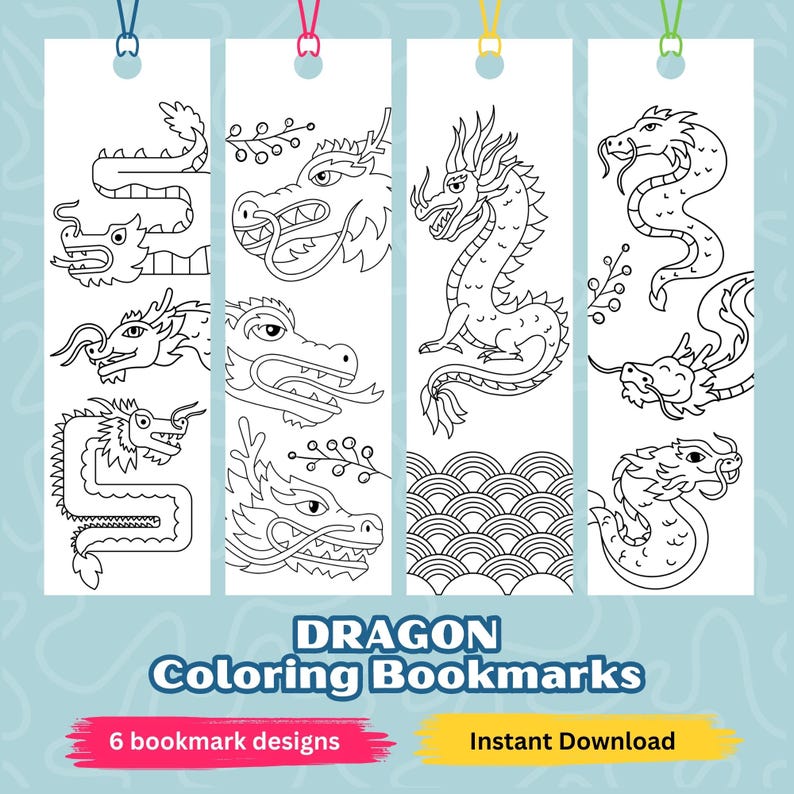 Dragon Coloring Bookmarks for Kids, Dragon Bookmarks, Printable ...