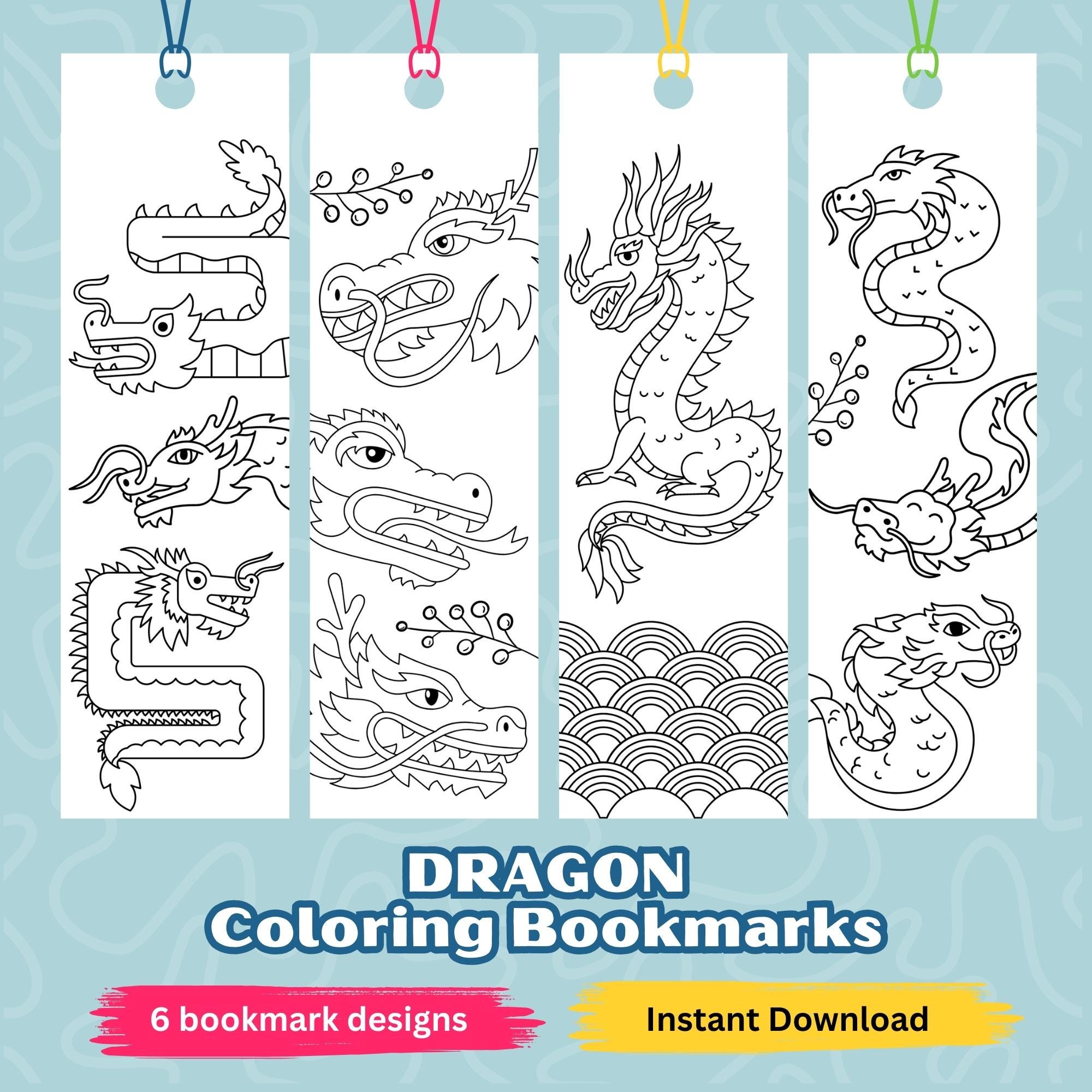 Dragon Coloring Bookmarks for Kids, Dragon Bookmarks, Printable ...