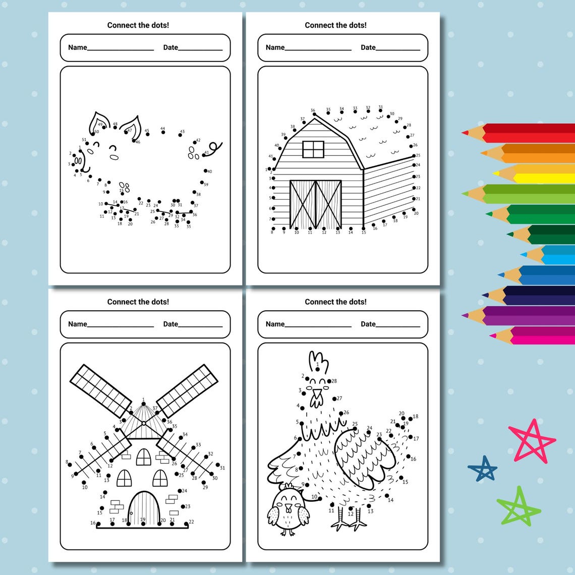 Printable Farm Animal Dot to Dot Coloring Pages, Farm Animal Coloring ...