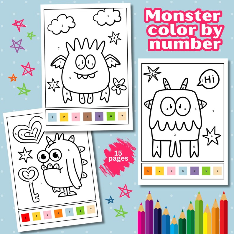 Cute Monster Color by Number Pages, Kids Coloring Book (PDF) - Etsy