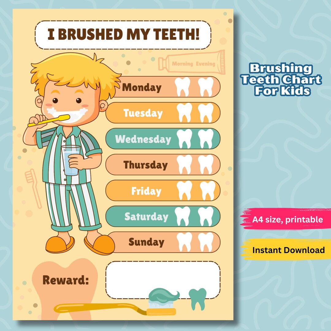 Printable Brush Teeth Chart for Kids, Teeth Brushing Planner, Daily ...