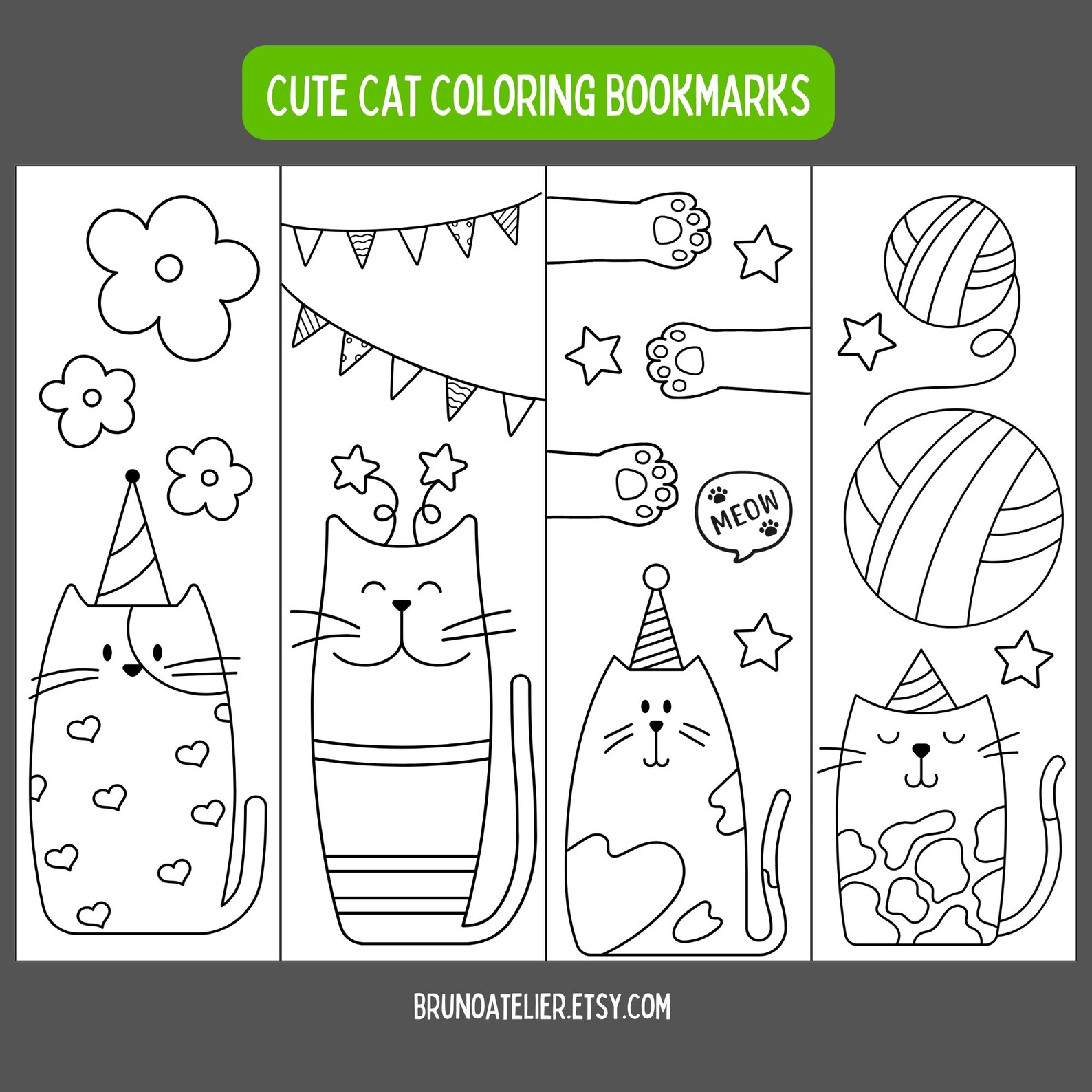 Cute Cat Coloring Bookmarks for Kids, Animal Coloring Bookmarks, Cute ...