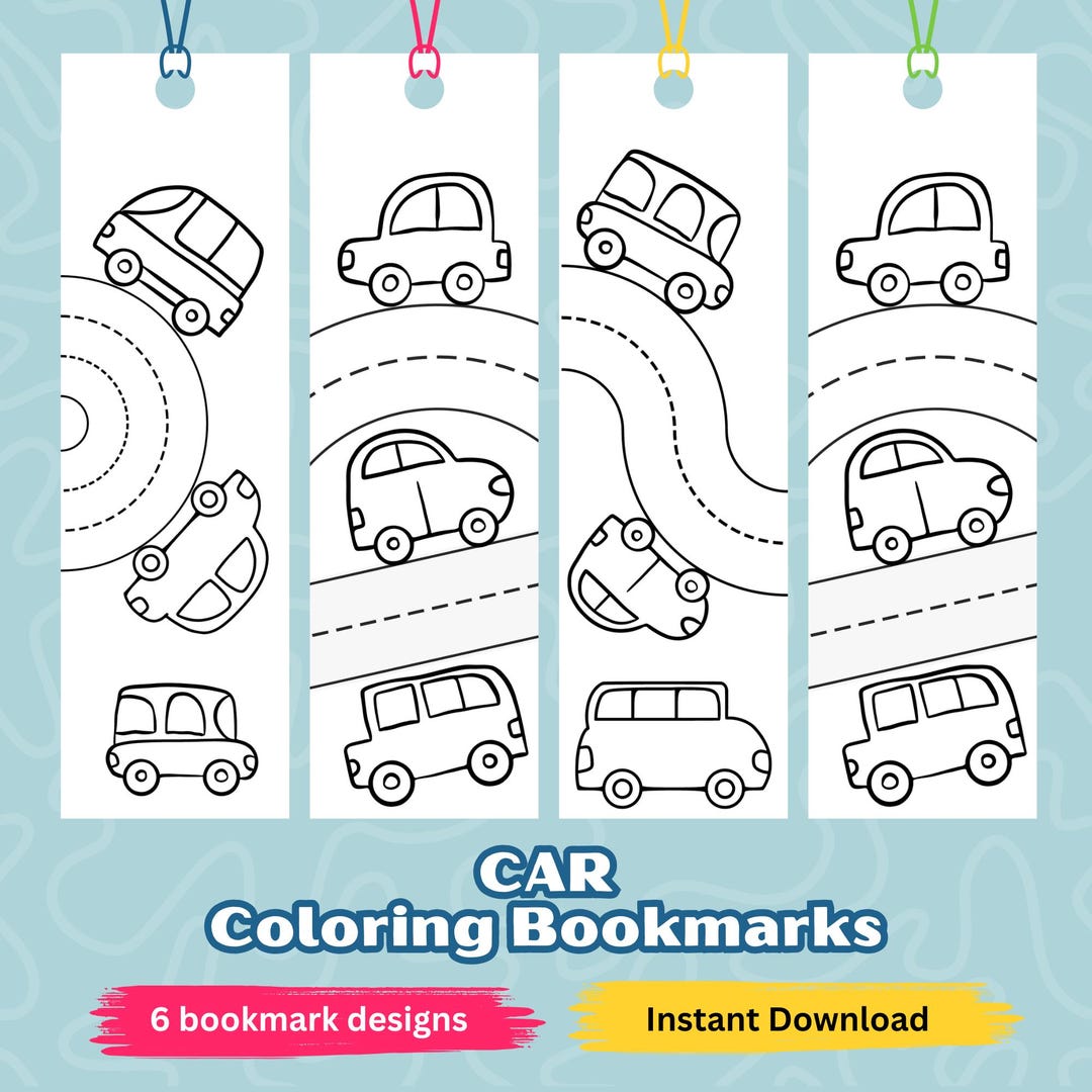 Cute Car Coloring Bookmarks for Kids, Vehicle Bookmarks, Printable ...