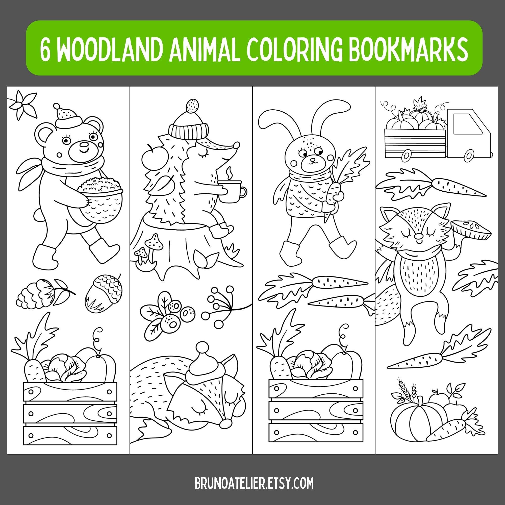 Woodland Coloring Bookmarks for Kids, Forest Bookmarks, Animal Coloring ...