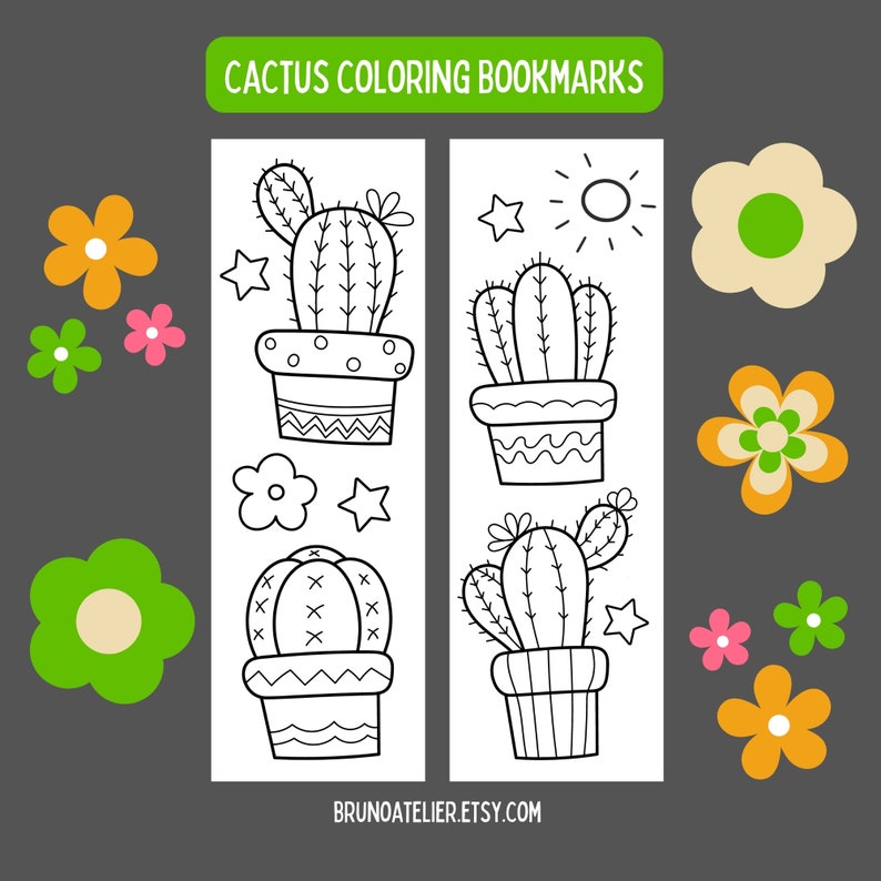 Cactus Coloring Bookmarks for Kids, Catus Bookmarks, Printable Bookmark ...