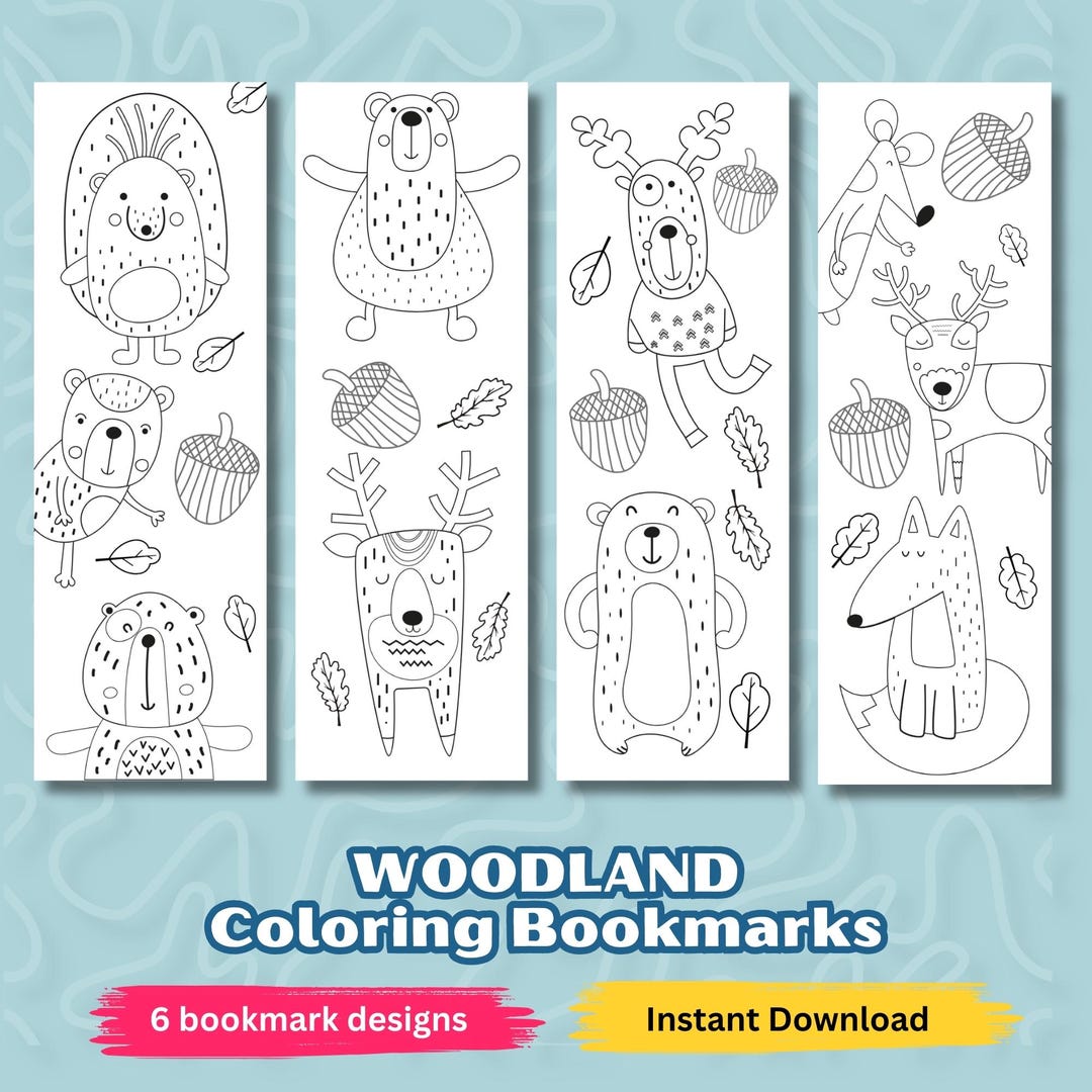 Woodland Coloring Bookmarks for Kids, Forest Bookmarks, Animal Coloring ...