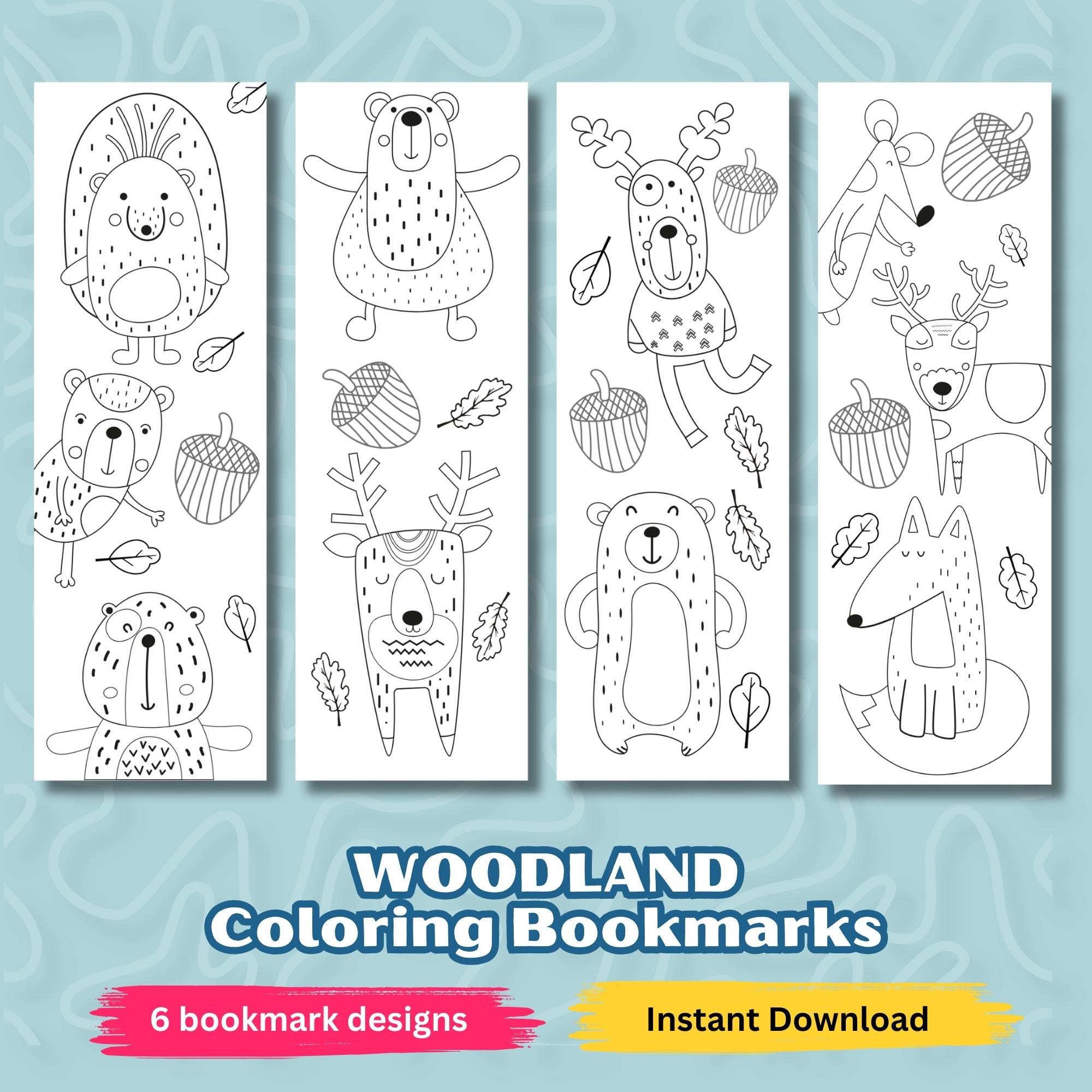 Woodland Coloring Bookmarks for Kids, Forest Bookmarks, Animal Coloring ...