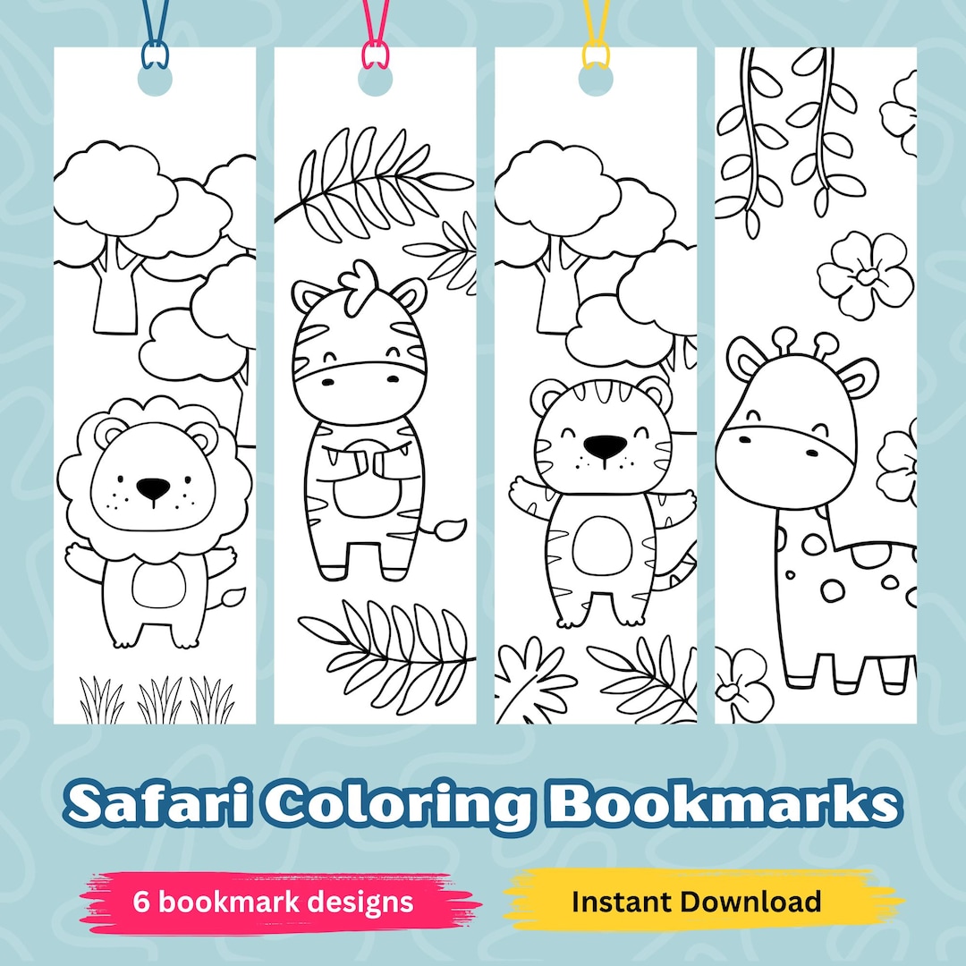 Safari Coloring Bookmarks for Kids, Animal Coloring Bookmarks, Safari ...