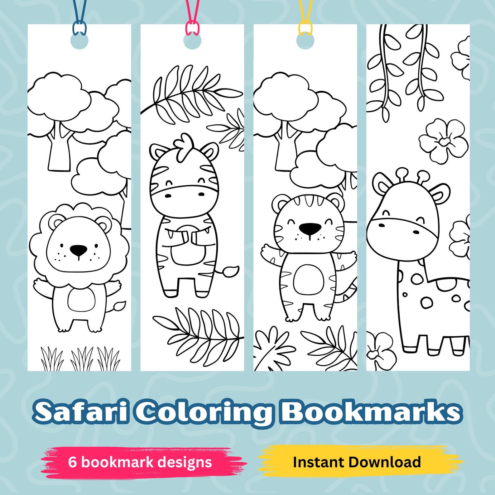 Safari Coloring Bookmarks for Kids, Animal Coloring Bookmarks, Safari ...