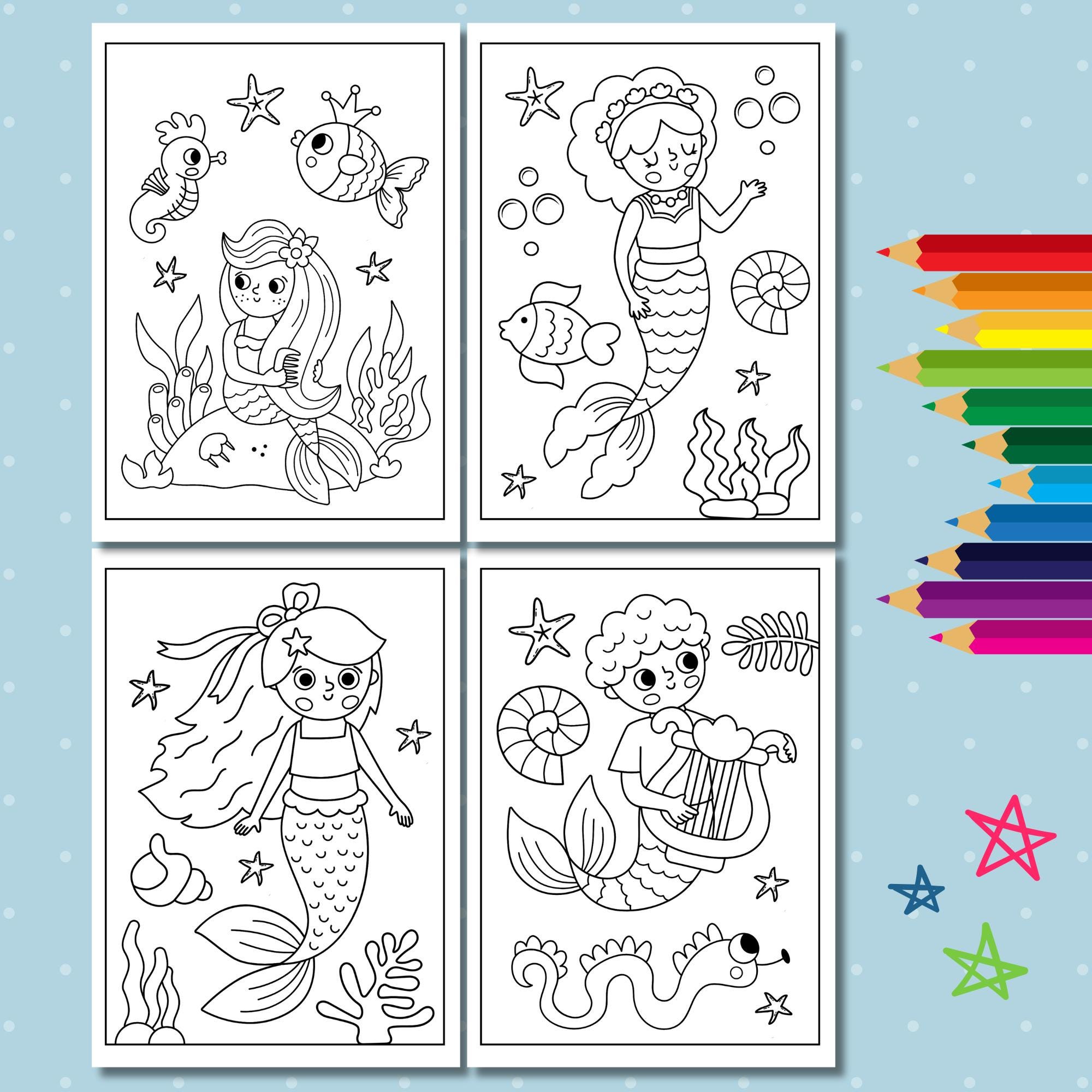 Cute Mermaid Coloring Pages, Kids Activity Sheets (digital Download) - Etsy