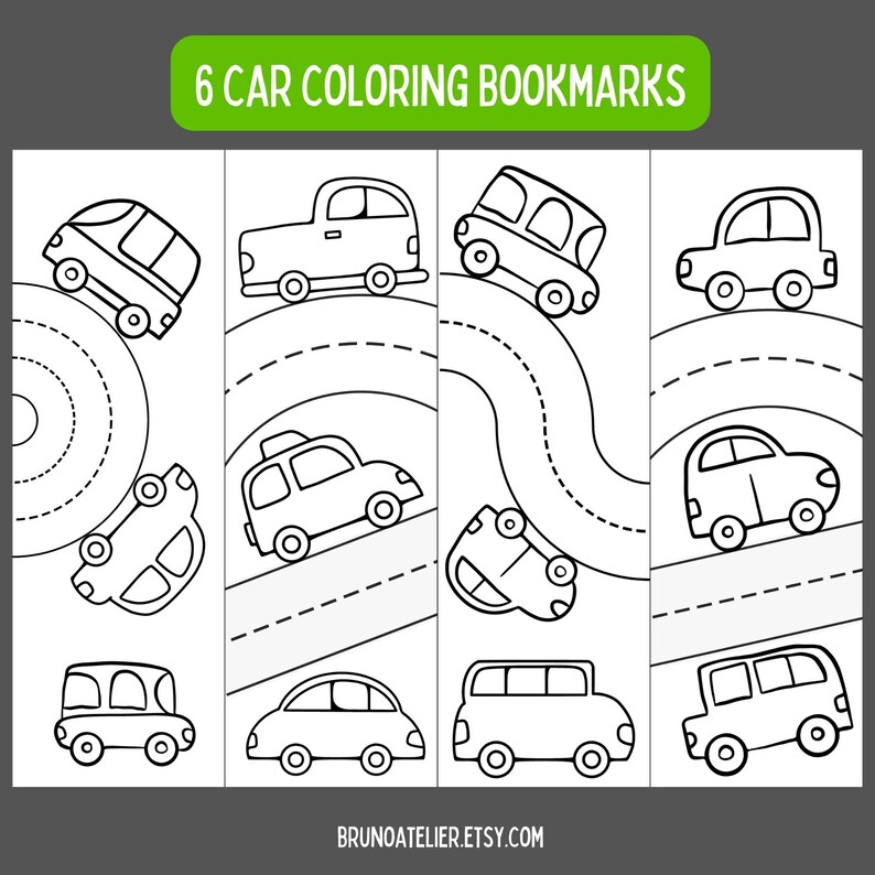 Cute Car Coloring Bookmarks for Kids, Vehicle Bookmarks, Printable ...