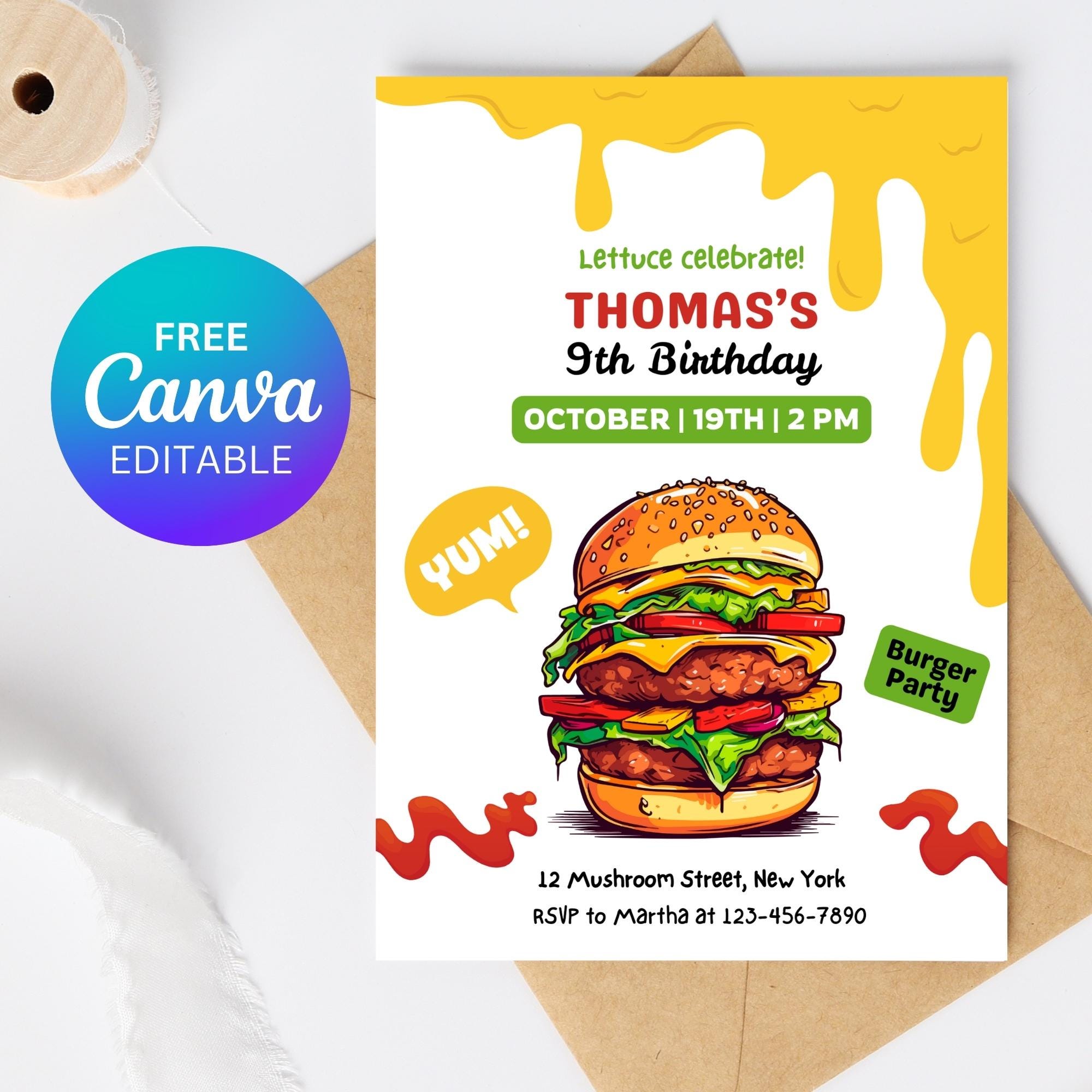 Editable Hamburger Birthday Invitation, Digital Burger Party Invitation ...