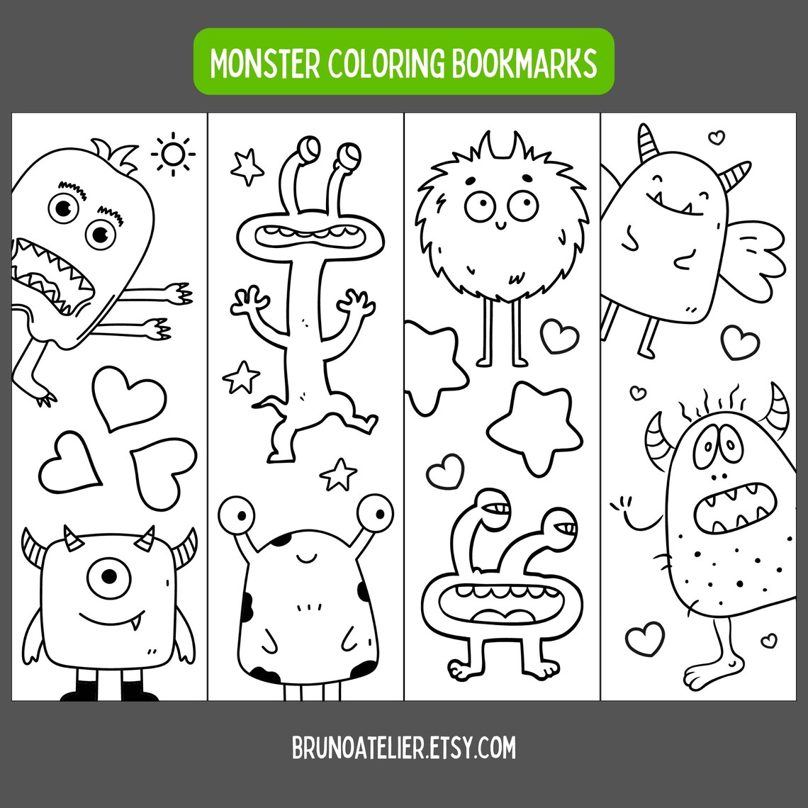Monster Coloring Bookmarks for Kids, Animal Coloring Bookmarks, Monster ...