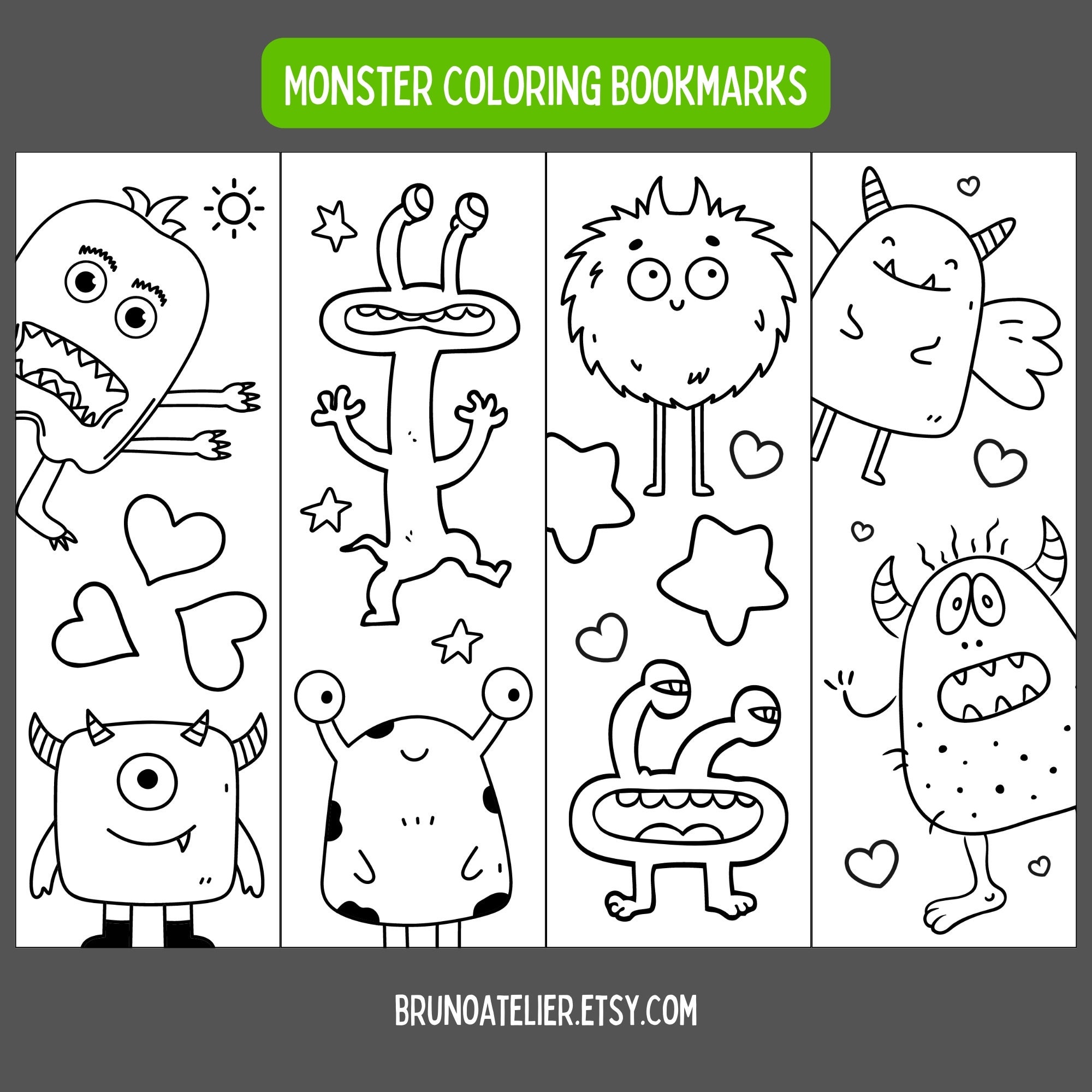 Monster Coloring Bookmarks for Kids, Animal Coloring Bookmarks, Monster ...