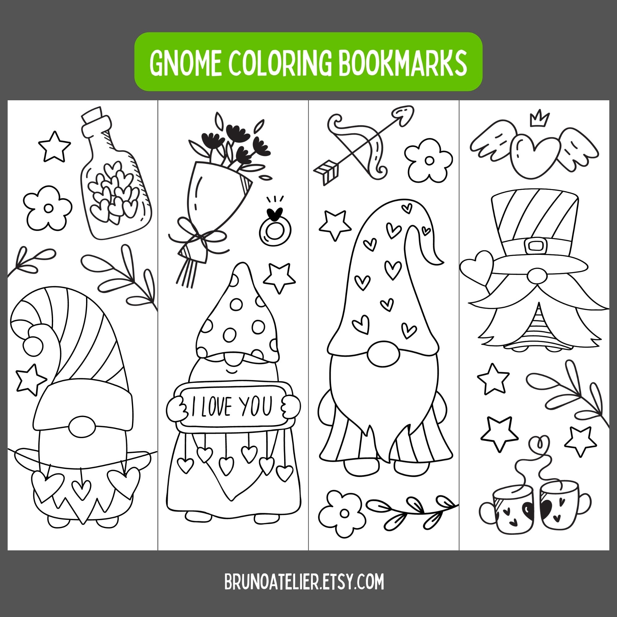Valentine Day Coloring Bookmarks for Kids, Cute Gnome Bookmarks ...