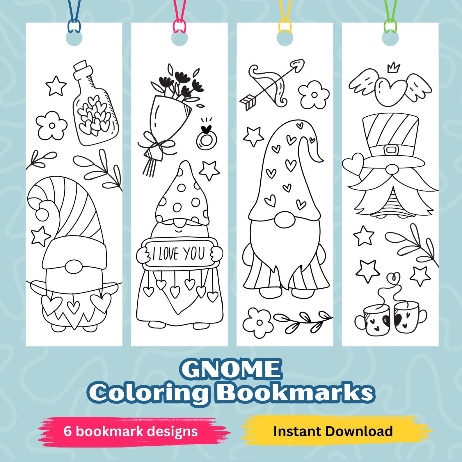 Valentine Day Coloring Bookmarks for Kids, Cute Gnome Bookmarks ...