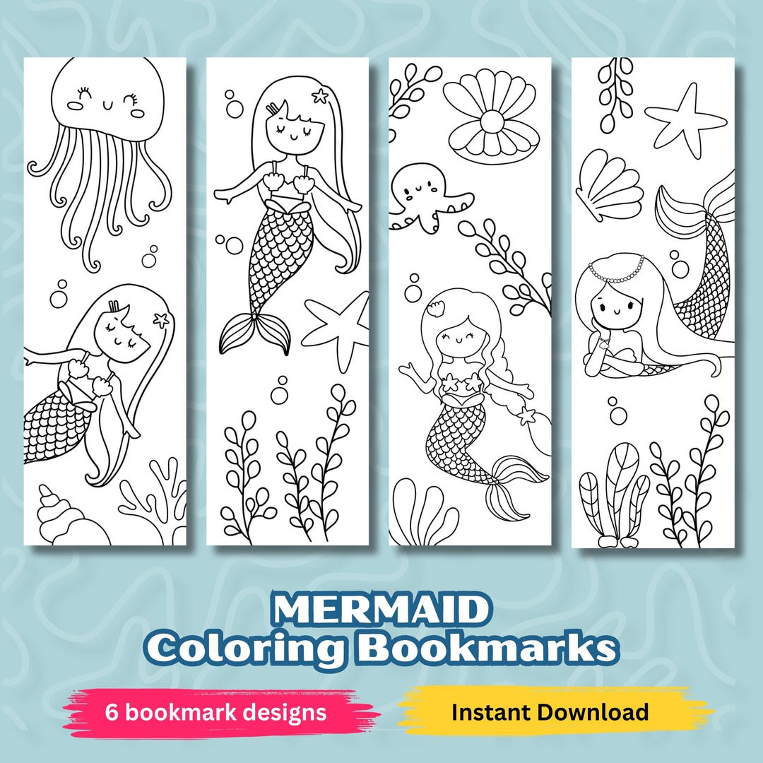 Mermaid Coloring Bookmarks for Kids: Sea Animal Designs (digital ...