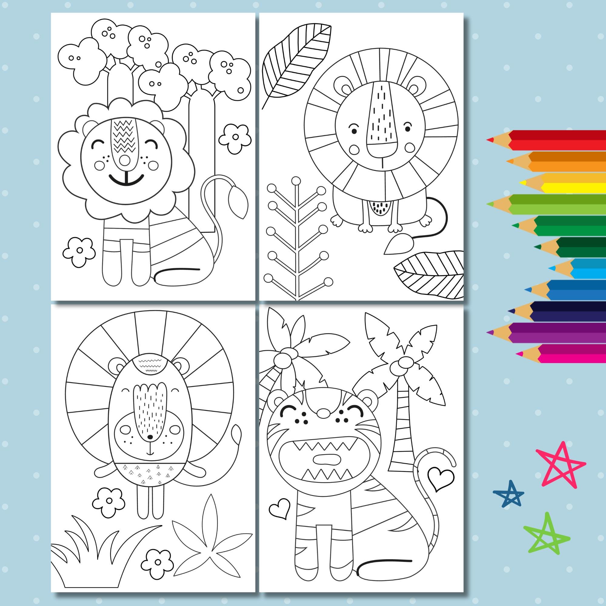Safari Coloring Pages for Kids, Cute Animal Coloring Pages, Baby Animal ...